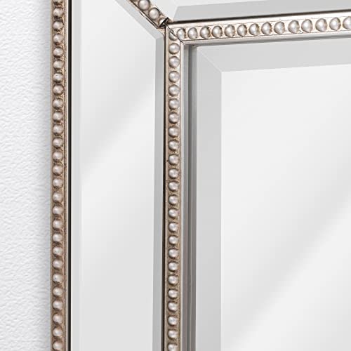 Head West Champagne Silver Metro Beaded Glass Framed Vanity Mirror for Bathroom - Large Beveled Edge - Wall Mirror with 4 D-Ring Hangers for Horizontal & Vertical Installation - 24"x 36"