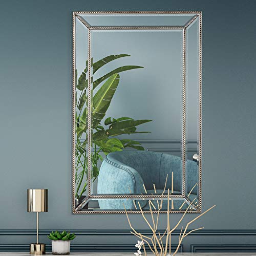 Head West Champagne Silver Metro Beaded Glass Framed Vanity Mirror for Bathroom - Large Beveled Edge - Wall Mirror with 4 D-Ring Hangers for Horizontal & Vertical Installation - 24"x 36"