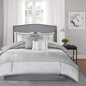 madison park luxury comforter set-traditional jacquard design all season down alternative bedding, matching bedskirt, decorative pillows, king(104"x92"), bennett, geometric grey, 7 piece