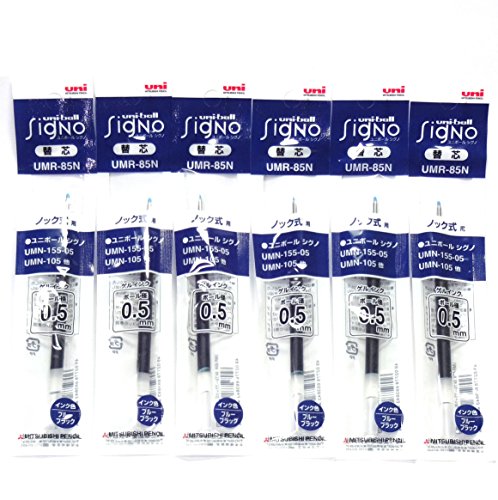 Uni Ballpoint Pen Blue Black Ink Refills(UMR85N.64), 0.5mm, for Signo 207 Retractable Pen(UMN-207-05) ,× 6 Pack/total 6 pcs