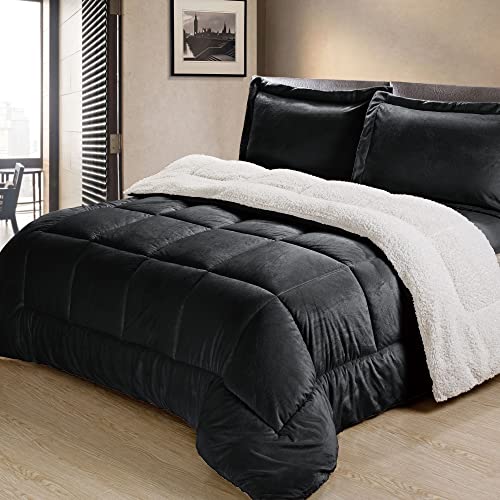 Cathay Home King Comforter Set: Ultra Soft and Plush Reversible Micromink and Sherpa 3-Piece Bedding Set, Black, King (102" x 90")