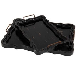 MyGift Rustic Black Brown Wood Large Serving Tray with Handles, Rectangular Decorative Curve Edged Nesting Serving Trays for Entertaining, Set of 2