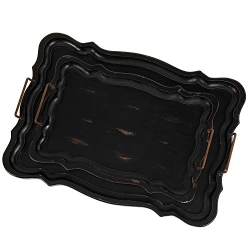 MyGift Rustic Black Brown Wood Large Serving Tray with Handles, Rectangular Decorative Curve Edged Nesting Serving Trays for Entertaining, Set of 2