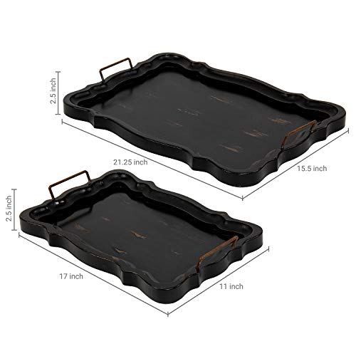 MyGift Rustic Black Brown Wood Large Serving Tray with Handles, Rectangular Decorative Curve Edged Nesting Serving Trays for Entertaining, Set of 2