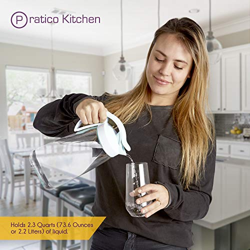 Pratico Kitchen QuickPour Water, Juice, and Beverage Airtight Pitcher, Made in Japan, 2.3 qt, 73 oz, White