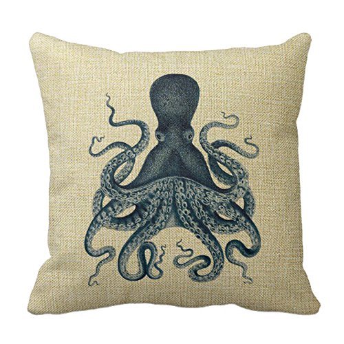 Romantichouse Cotton Linen Square Decorative Navy Blue Octopus Illustration On Cream Pillowcase