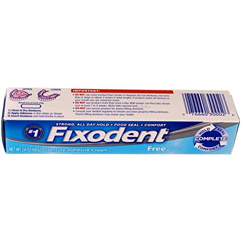 Fixodent, Denture Adhesive Cream, Free of Flavors & Colors, 2.4 Ounce