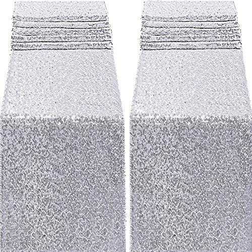 FECEDY 2 Packs 12 x 108inch Glitter Silver Sequin Table Runner for Birthday Wedding Engagement Bridal Shower Baby Shower Bachelorette Holiday Celebration Party Decorations