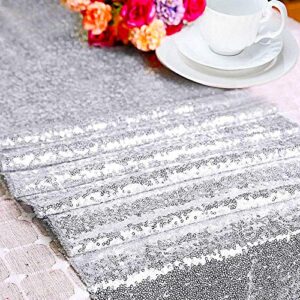 FECEDY 2 Packs 12 x 108inch Glitter Silver Sequin Table Runner for Birthday Wedding Engagement Bridal Shower Baby Shower Bachelorette Holiday Celebration Party Decorations