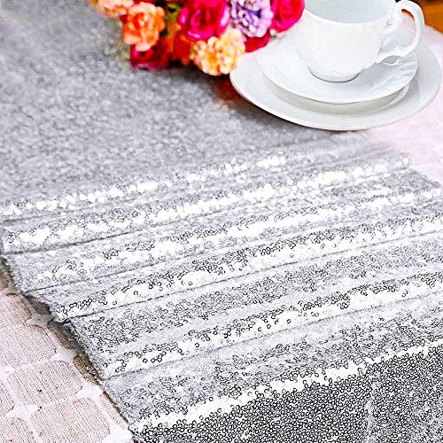 FECEDY 2 Packs 12 x 108inch Glitter Silver Sequin Table Runner for Birthday Wedding Engagement Bridal Shower Baby Shower Bachelorette Holiday Celebration Party Decorations