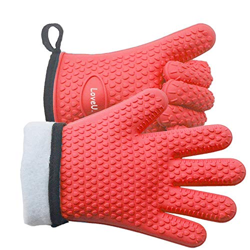 Loveuing Kitchen Oven Gloves - Silicone and Cotton Double-Layer Heat Resistant Oven Mitts/BBQ Gloves/Grill Gloves - Perfect for Baking and Grilling - 1 Pair (One Size Fits Most, Red)