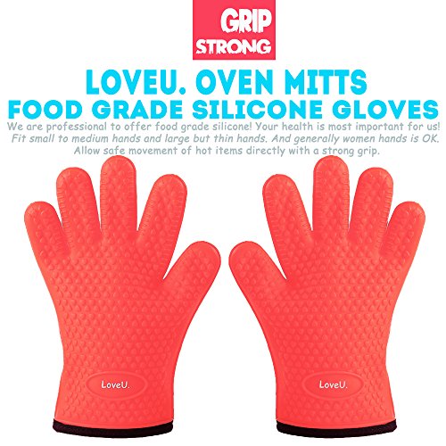 Loveuing Kitchen Oven Gloves - Silicone and Cotton Double-Layer Heat Resistant Oven Mitts/BBQ Gloves/Grill Gloves - Perfect for Baking and Grilling - 1 Pair (One Size Fits Most, Red)