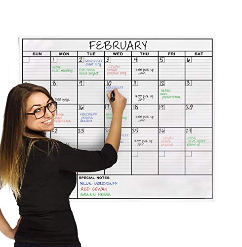 Jumbo Dry Erase Laminated Wall Calendar, Huge 36 Inch by 48 Inch Size, Monthly Planner for Home Office Classroom, Large Date Boxes, Reusable PET Film, Never Folded, 5 Markers, 8 Tacks, 1 Eraser