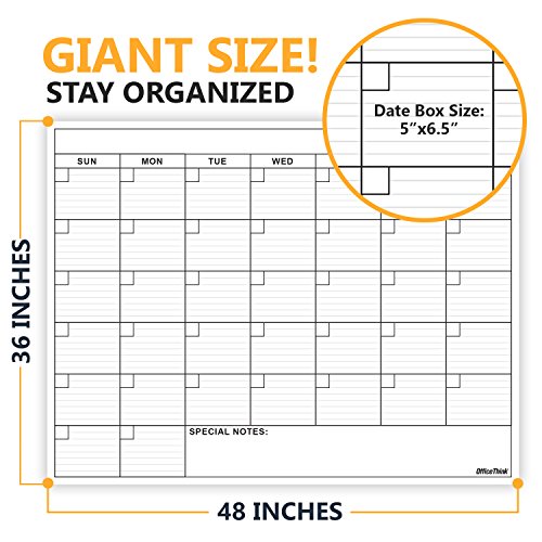 Jumbo Dry Erase Laminated Wall Calendar, Huge 36 Inch by 48 Inch Size, Monthly Planner for Home Office Classroom, Large Date Boxes, Reusable PET Film, Never Folded, 5 Markers, 8 Tacks, 1 Eraser