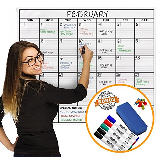 Jumbo Dry Erase Laminated Wall Calendar, Huge 36 Inch by 48 Inch Size, Monthly Planner for Home Office Classroom, Large Date Boxes, Reusable PET Film, Never Folded, 5 Markers, 8 Tacks, 1 Eraser