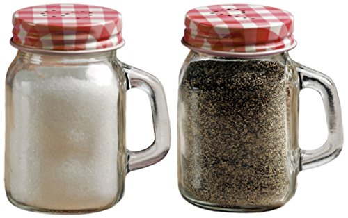 Circleware 66743 Mini Mason Jar Mug Glass Salt and Pepper Shakers with Metal Lids, Serving Food Container Glassware Dispensers 2-Piece Set, 5 oz, Red