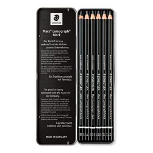 Staedtler Mars Lumograph Black, Carbon Blend Provides Jet Black Lines, Professional Art Pencils, Tin of 6 Assorted Black Sketch Pencils, 100B G6