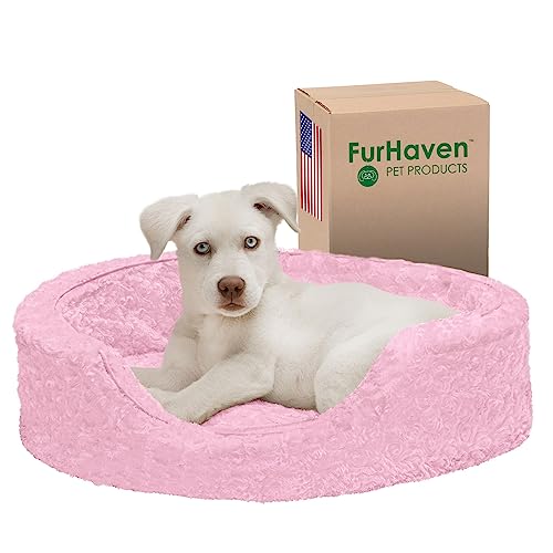 Furhaven Dog Bed for Small Dogs w/ Removable Washable Cover & Pillow Cushion Insert, For Dogs Up to 12 lbs - Ultra Plush Faux Fur Oval Lounger - Pink, Small