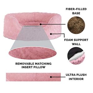 Furhaven Dog Bed for Small Dogs w/ Removable Washable Cover & Pillow Cushion Insert, For Dogs Up to 12 lbs - Ultra Plush Faux Fur Oval Lounger - Pink, Small