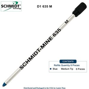 8 X Schmidt 635M Mini Ball Pen D1 Size Refills – Blue Ink and one Removable Black end Cap.