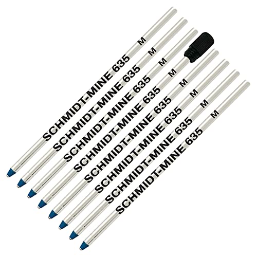 8 X Schmidt 635M Mini Ball Pen D1 Size Refills – Blue Ink and one Removable Black end Cap.