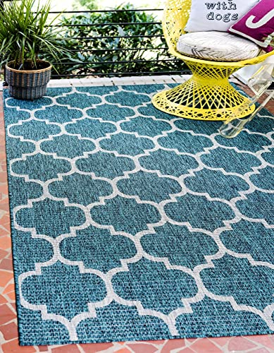 Unique Loom Outdoor Trellis Collection Area Rug (4' 1" x 6' 1" Rectangle, Teal/ Gray)