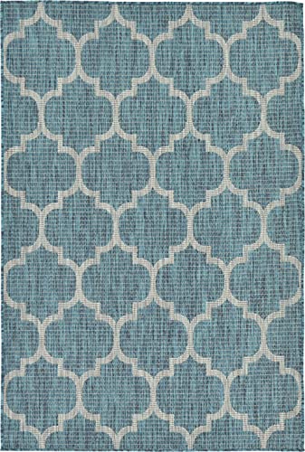 Unique Loom Outdoor Trellis Collection Area Rug (4' 1" x 6' 1" Rectangle, Teal/ Gray)