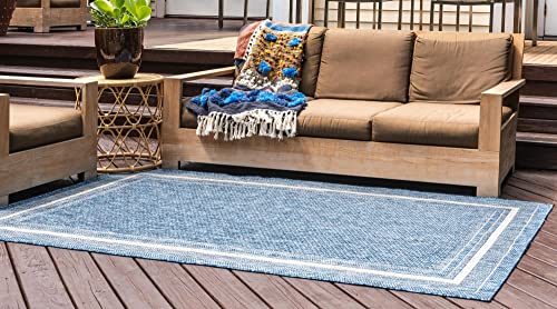 Unique Loom Outdoor Border Collection Area Rug - Soft Border (6' 1" x 9' Rectangle, Blue/ Ivory)