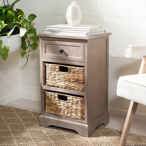 SAFAVIEH Home Collection Carrie White Wash/ Natural Wicker 3-Drawer Storage Nightstand Side Table (Fully Assembled)