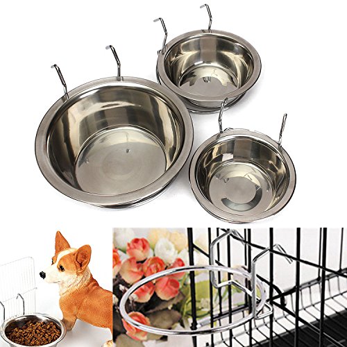 Yosoo Stainless Steel Hanging Pet Cage Bowl Diner Pet Bowl Bird Cat Dog Food Water Bowl with Hanger (Size M)