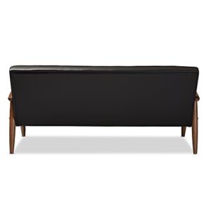 Baxton Studio Sorrento Mid-Century Retro Modern Faux Leather Upholstered Wooden 3-Seater Sofa, Black