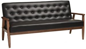 baxton studio sorrento mid-century retro modern faux leather upholstered wooden 3-seater sofa, black