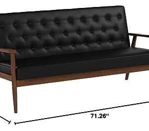 Baxton Studio Sorrento Mid-Century Retro Modern Faux Leather Upholstered Wooden 3-Seater Sofa, Black