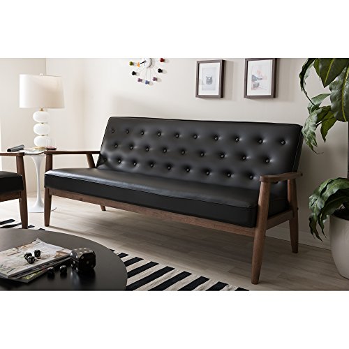 Baxton Studio Sorrento Mid-Century Retro Modern Faux Leather Upholstered Wooden 3-Seater Sofa, Black