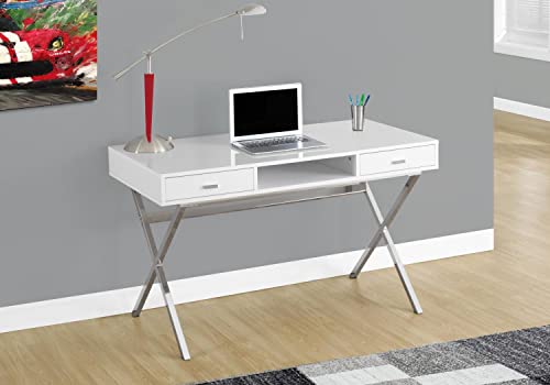 Monarch Specialties Laptop Table with Drawers and Open Shelf Computer, Writing Desk, Metal Sturdy Legs, 48" L, Glossy White