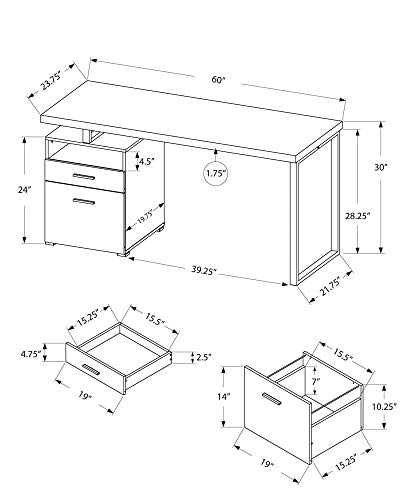 Monarch Specialties Computer Writing Desk for Home & Office Laptop Table with Drawers Open Shelf and File Cabinet-Left or Right Set Up, 60" L, Dark Taupe