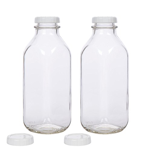 Radiant Day Co. Glass Milk Bottle with Extra Lids - Set of 2 - USA Made 33.8 Oz Jug - Thick Durable Milk Bottle Larger than 1 Quart