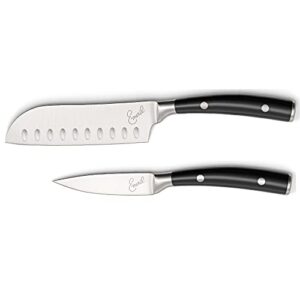 emeril 2 piece knife set 5 santoku 3.5 paring knife forged steel clad emerilware (black)