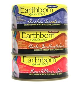 earthborn holistic wet cat food variety pack - 3 flavors (chicken jumble with liver, ranchhouse stew, and chicken fricatssee) - 5.5 ounces each (12 total cans)