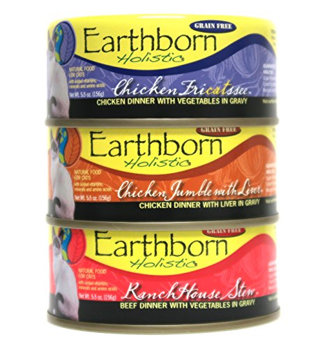 Earthborn Holistic Wet Cat Food Variety Pack - 3 Flavors (Chicken Jumble with Liver, RanchHouse Stew, and Chicken Fricatssee) - 5.5 Ounces Each (12 Total Cans)