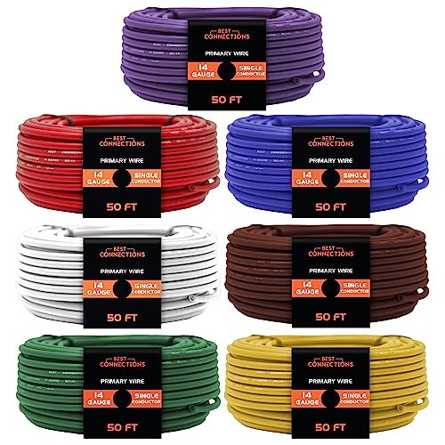 BEST CONNECTIONS 14 Gauge Automotive Primary Wire (50ft Each – 7 Color Bundle Set)– Durable Primary/Remote, Power/Ground Electrical Wire for Trailer, Car Audio, Lighting Circuits– 350ft Total