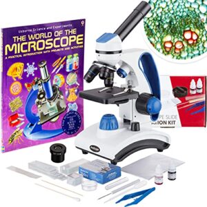 amscope m162c-2l-wm-sp14-50p100s 40x-1000x dual light glass lens metal frame student microscope + slides