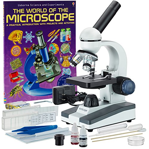 AmScope M150C-SP14-WM 40X-1000X Portable Student Microscope with Slide Preparation Kit and Book