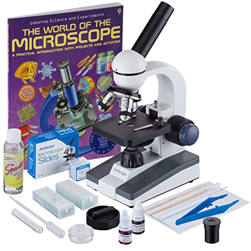 AmScope - 40X-1000X Cordless Student Compound Microscope + Slide Preparation Kit + World of The Microscope Book - M150C-SP14-CLS-50P100S-WM