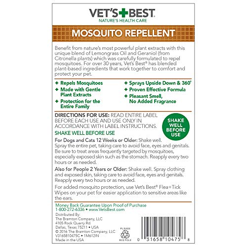 Vet's Best Mosquito Repellent for Dogs and Cats | Repels Mosquitos with Certified Natural Oils | Deet Free | 8 Ounces