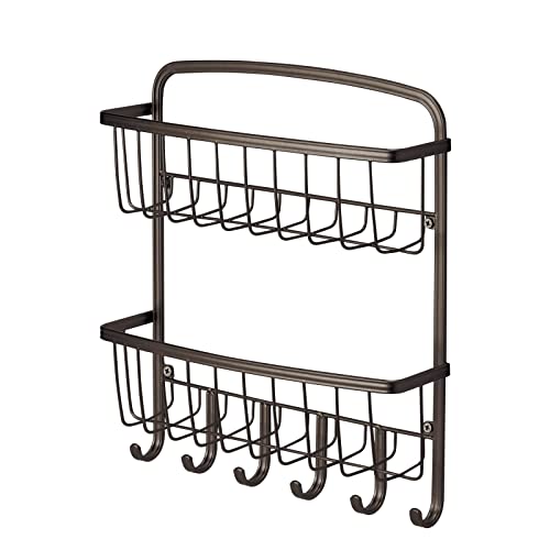 mDesign Wall Mount Metal Farmhouse Mail Organizer Storage Basket - 2 Tiers, 6 Hooks - for Entryway, Mudroom, Hallway, Kitchen, Office - Holds Letters, Magazines, Coats, Leashes, Keys - Bronze