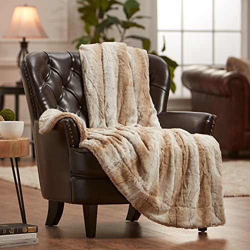 Chanasya Faux Fur Ombre Throw Blanket - Super Soft, Lightweight Minky Blanket with Fuzzy Sherpa Side - 50" x 65” - Brown