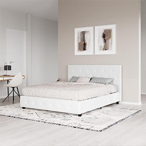 DHP Dakota Upholstered Platform Bed with Diamond Button Tufted Headboard and Footboard, No Box Spring Needed, Full, White Faux Leather