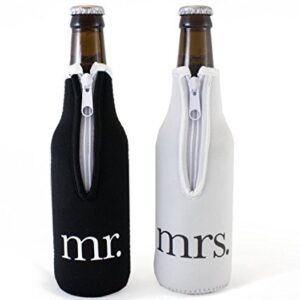 Bridal Shower Gift Mr and Mrs Wedding Beer Bottle Coolies - (Black and White) Set of 2