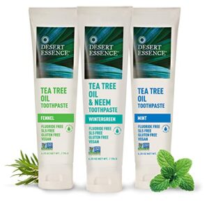 Desert Essence Tea Tree Oil & Mint Toothpaste, Peppermint, 6.25 oz (Pack of 3) Fluoride Free, Gluten Free, Vegan, Non-GMO - with Baking Soda for Deep Cleaning & Healthy Teeth & Gums, Fresh Breath